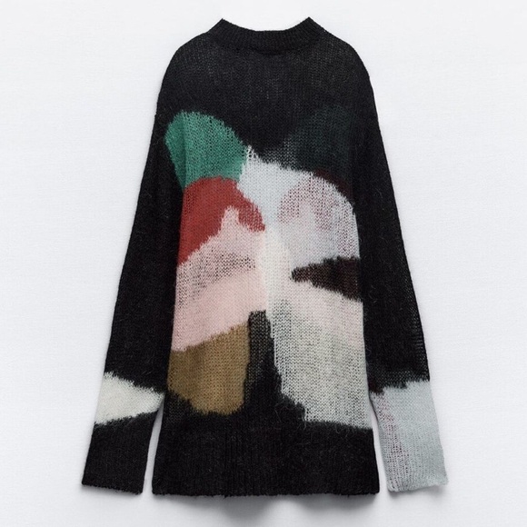 Zara | Sweaters | Zara Abstract Colorblock Open Knit Oversized Sweater ...